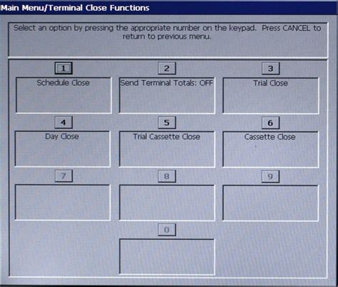 1 terminal close functions menu dash atm
