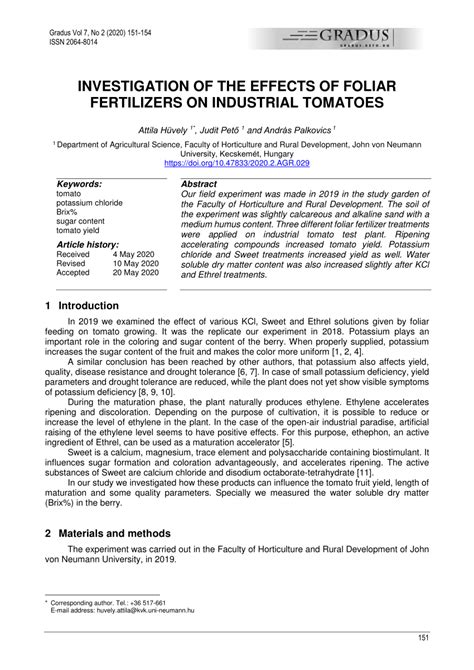 Pdf Investigation Of The Effects Of Foliar Fertilizers On Industrial Tomatoes
