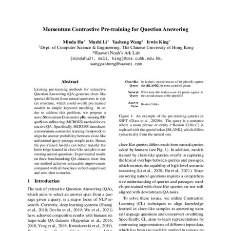 momentum contrastive pre training for question answering acl anthology
