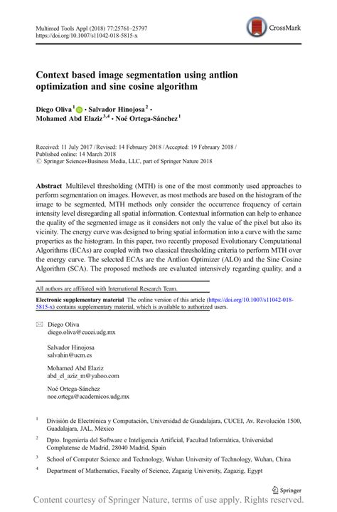 Context Based Image Segmentation Using Antlion Optimization And Sine Cosine Algorithm Request Pdf