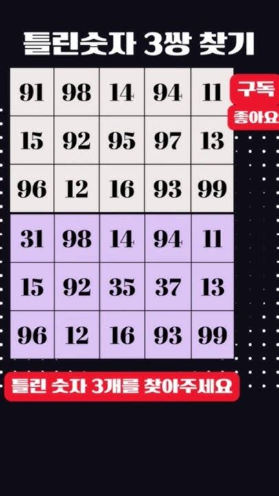 기억력증진과 기억력상승에 도움을 주는 숫자게임틀린숫자 3쌍을 맞춰보세요위 아래를 비교하여 틀린숫자 3쌍을 찾아보세요틀린숫자 숫자퀴즈 치매예방 기억력 메모리 퀴즈