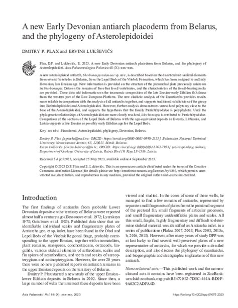 Pdf A New Early Devonian Antiarch Placodermi From Belarus And Phylogeny Of Asterolepidoidei
