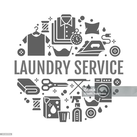평면 모양 아이콘으로 세탁 서비스 배너 그림입니다 드라이 클리닝 장비 세탁기 의류 신발 가죽 수리 의류 셔츠 철 보드 원형 템플릿 표시 빨래방 포스터 가죽에 대한 스톡 벡터