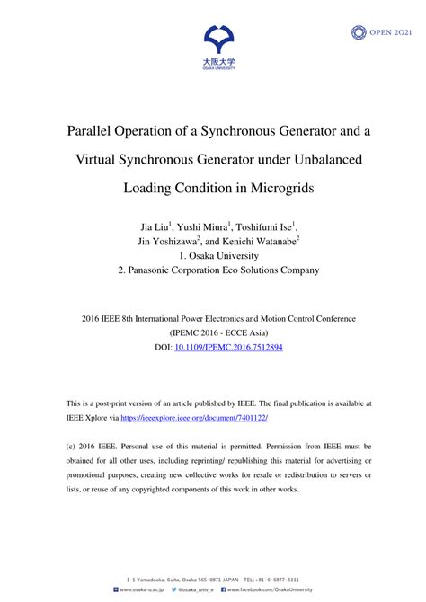 Pdf Parallel Operation Of A Synchronous Generator And A Virtual Synchronous Generator Under