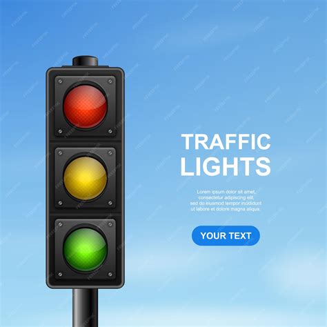 푸른 하늘 배경 안전 규칙 개념 설계 Templete 신호등 템플릿에 3d 현실적인 상세한 도로 신호등이 있는 벡터 배너 프리미엄 벡터