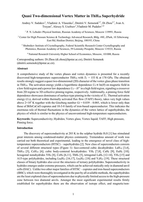 Pdf Quasi Two Dimensional Vortex Matter In Thh10 Superhydride