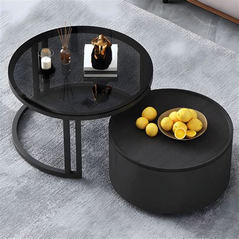 Modern Style Wooden Tempered Glass Top Circular Nested Coffee Table