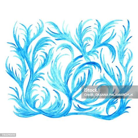 소용돌이가 있는 서리가 내린 파란색 패턴입니다 디자인 카드 장식 스티커 만들기 인쇄 포장 및 직물을 위해 흰색 배경에 손으로 그린 수채화 그림 수채화에 대한 스톡 벡터 아트