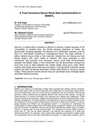 A Trust Conscious Secure Route Data Communication In MANETS PDF