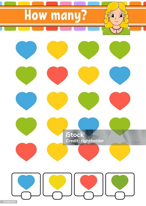 어린이를위한 게임을 계산합니다 행복한 캐릭터 수학 을 학습 그림에 있는 개체 수입니다 교육 워크 시트 답변을위한 공간 귀여운 만화 스타일의 고립 된 벡터 일러스트레이션