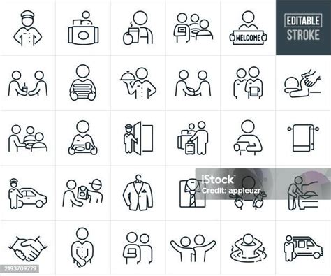 환대 및 리셉션 얇은 선 아이콘 편집 가능한 획 아이콘에는 서비스 산업 호텔 숙박 여행 및 관광 관광객 호스트 손님 고객 레스토랑 직원 웨이터 웨이트리스 리셉션 접수 원
