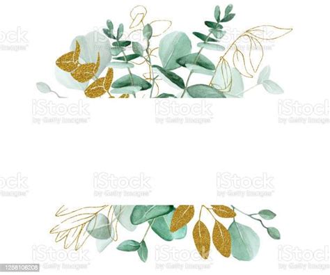 수채화 도면 유칼립투스 잎과 황금 빛나는 잎과 가지의 반짝이 프레임 결혼식 카드 초대장 인사말 디자인 텍스트를 위한 장소가 있는 흰색 배경에서 격리 금 금속에 대한 스톡