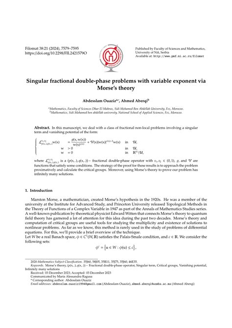 Pdf Singular Fractional Double Phase Problems With Variable Exponent Via Morses Theory