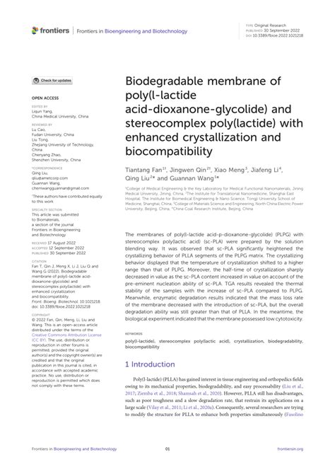 Pdf Biodegradable Membrane Of Poly L Lactide Acid Dioxanone Glycolide And Stereocomplex Poly