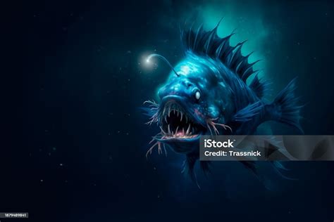 어두운 푸른 물 현실적인 그림 예술의 배경에 낚시꾼 물고기 아구에 대한 스톡 벡터 아트 및 기타 이미지 아구 깊은 몬스터 Istock