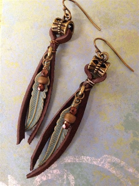 Boho Earrings Leather Earrings Feather Earrings Bohemian Etsy