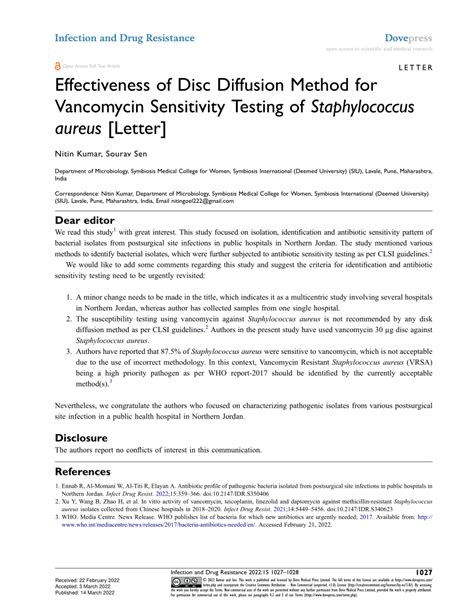 Pdf Effectiveness Of Disc Diffusion Method For Vancomycin Sensitivity