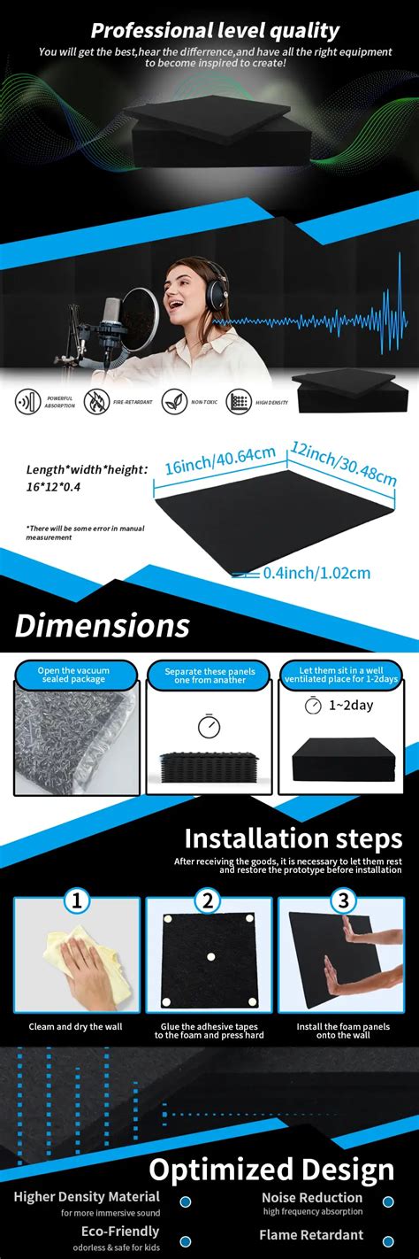 12pcs 사각형 모양의 방음 패널 16×12×04 음향 폼 소리 흡수 패널 침실 스튜디오 녹음 스튜디오 방음 벽 패널 검정색 무료 배송 무료 반품 Temu
