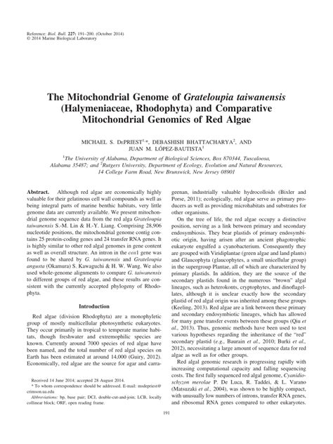 Pdf The Mitochondrial Genome Of Grateloupia Taiwanensis