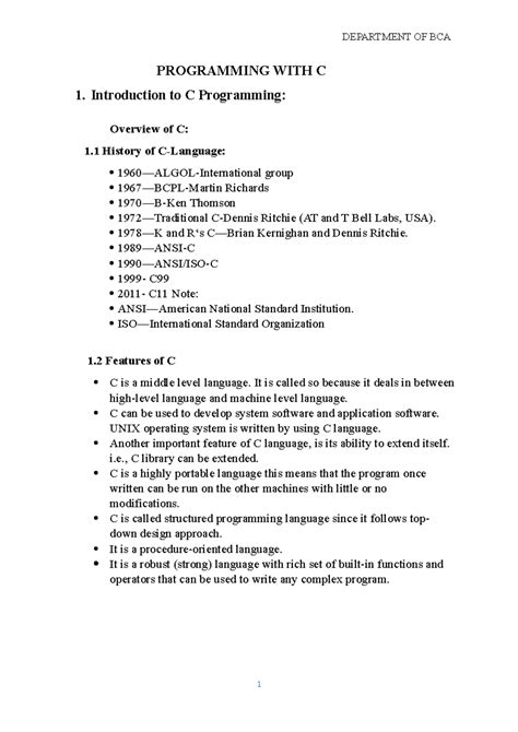 Cp Notes Bca Programming With C 1 Introduction To C Programming Overview Of C 1 History Of