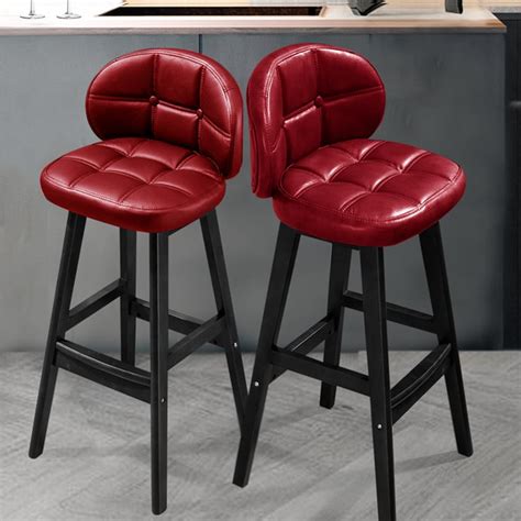 Rustic Red Bar Height Tufted Bar Stools Set Of 2 Pu Leather Curved Back