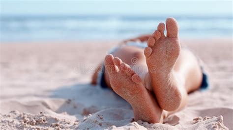 Feet Sand And Beach In Relax For Summer Vacation Travel Or Holiday