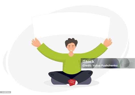 빈 배너를 들고 젊은 행복한 남자 손에 광고 플랫 벡터 일러스트 레이 션 Publicity Event에 대한 스톡 벡터 아트 및 기타 이미지 Publicity Event