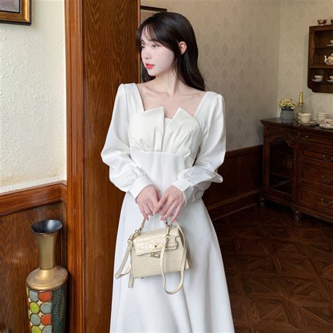 바이미뉴 ｢20대30대 셀프웨딩원피스~2xl 4xl｣ 브라이덜 스퀘어넥원피스 허리잘록 퍼프소매 언발런스 화이트드레스 여성스러운