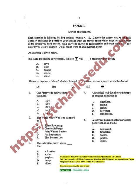 Neco Computer Objective Past Questions Past Questions Question Paper Essay