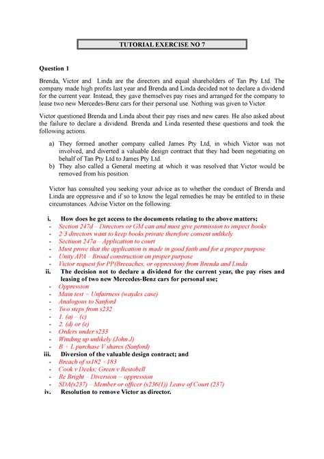 tutorial exercise no 7 practice material tutorial exercise no 7 question 1 brenda victor