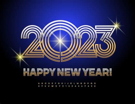 벡터 세련된 인사말 카드 새해 복 많이 받으세요 2023 고급 글꼴입니다 황금 알파벳 문자와 숫자 세트 프리미엄 벡터