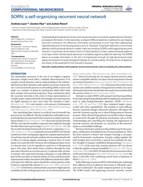 Pdf Sorn A Self Organizing Recurrent Neural Network