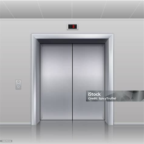 현실적인 엘리베이터 폐쇄 금속 오두막 문 홀 인테리어 건물 사무실 또는 호텔 현관 강철 출입구 통화 버튼 및 바닥 표시기와 디스플레이 벡터 운송 엘리베이터에 대한 스톡 벡터