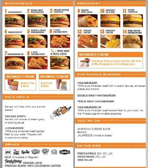 Printable Whataburger Menu