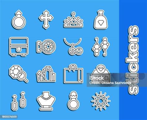 세트 라인 다이아몬드 보석 가게 귀걸이 왕관 상자 약혼 및 로켓 목걸이 아이콘 벡터 0명에 대한 스톡 벡터 아트 및 기타 이미지 Istock