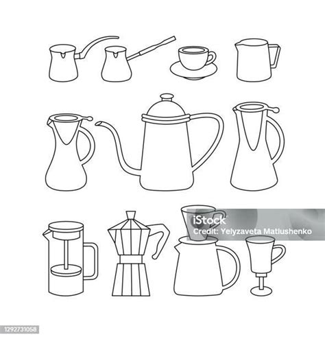 커피 메이커의 벡터 일러스트 세즈브 컵 프랑스 언론 모카 냄비 부어 양조업자 투수 커피 주전자 프렌치 프레스에 대한 스톡 벡터