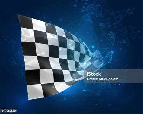 파란색 배경의 삼각형 다각형에서 벡터 플래그 흑백 체크무늬 가상 추상 3d 개체 배경 주제에 대한 스톡 벡터 아트 및 기타 이미지 배경 주제 체크 패턴 파란색