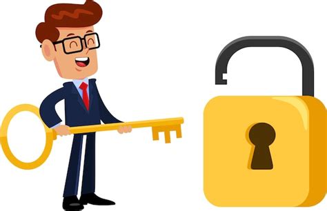 Premium Vector Businessman Cartoon Character Holding Golden Key To Unlock Secret Lock To Success