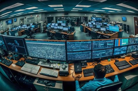 Premium Ai Image Security Control Room With Multipoke Computer Screens Showing Surveillance