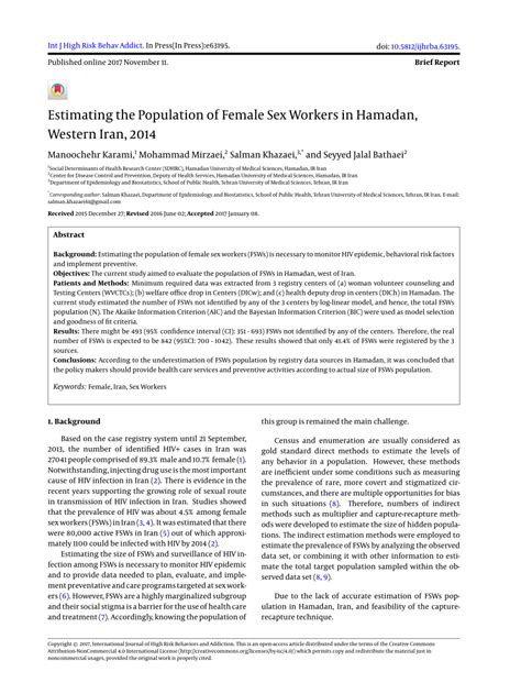 Pdf Estimating The Population Of Female Sex Workers In Hamadan Western Iran 2014