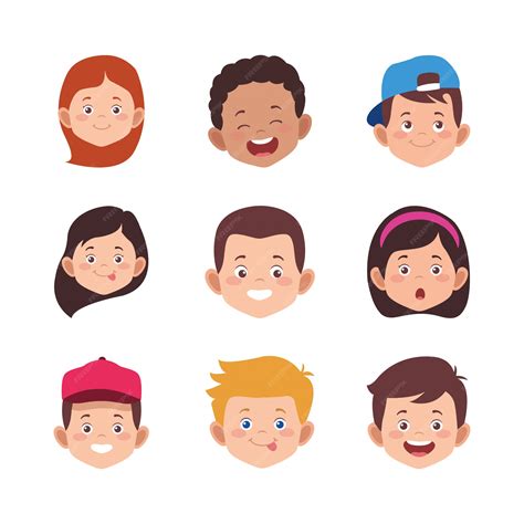 Conjunto De Iconos De Caras De Niños De Dibujos Animados Sonriendo