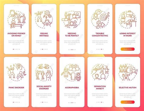 Mobile App Screen Set With A Red Gradient Theme For Onboarding People With Anxiety Disorders