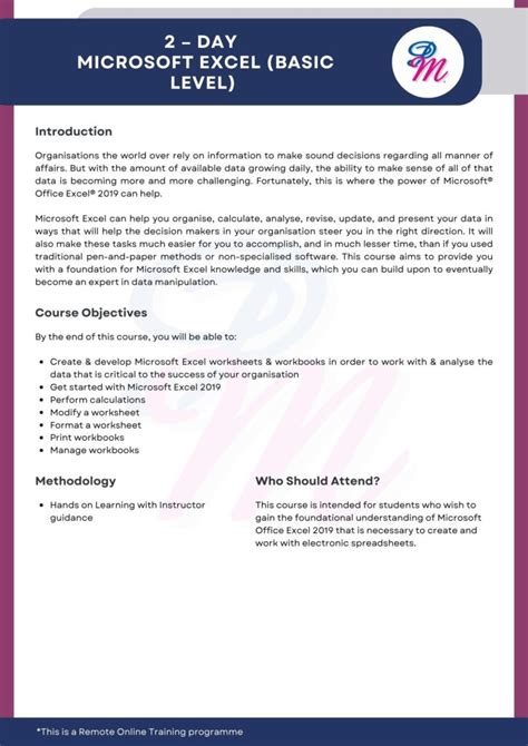 Outline Microsoft Excel Basic Level 1 Pm Eschool