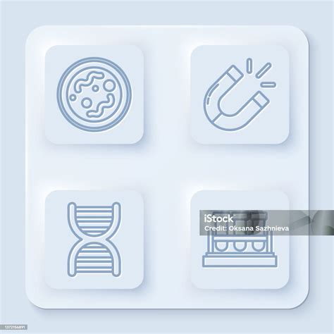 세트 라인 박테리아 자석 Dna 기호 및 테스트 튜브 및 플라스크 화학 물질 흰색 정사각형 버튼 벡터 Dna에 대한 스톡 벡터 아트 및 기타 이미지 Istock