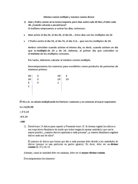 Mínimo Común Múltiplo Y Máximo Común Divisor Pdf