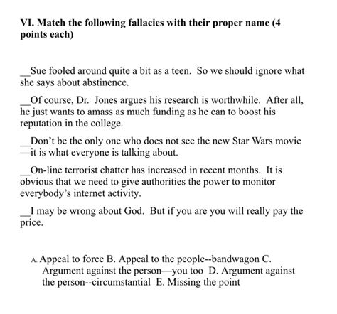 Solved VI Match The Following Fallacies With Their Proper Chegg Com