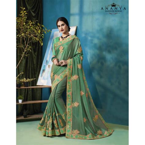 Gorgeous Sea Green Silk Georgette Saree With Sea Green Blouse
