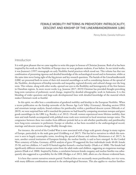 Pdf Female Mobility Patterns In Prehistory Patrilocality Descent And Kinship Of The