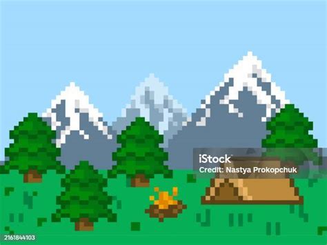 픽셀 캠핑 배경입니다 소나무 산 그리고 텐트와 같은 게임 배경 8 비트 벡터 배경 여름에 대한 스톡 벡터 아트 및 기타 이미지 여름 휴가 관광 Istock