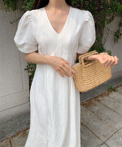 맥시 롱 여름 퍼프 린넨 원피스 화이트 플레어 반팔 핀턱 베이지